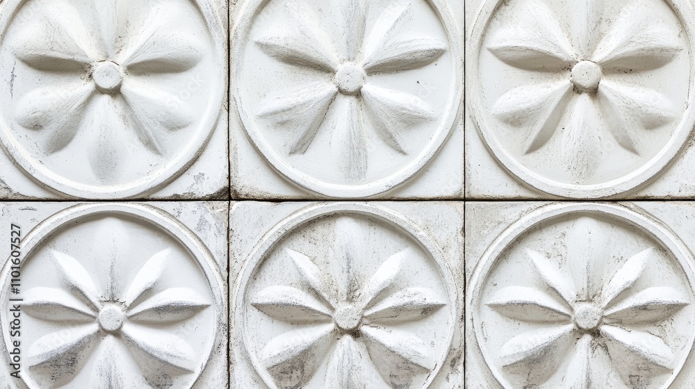 Textured white vintage tiles with gray geometric circle patterns ...