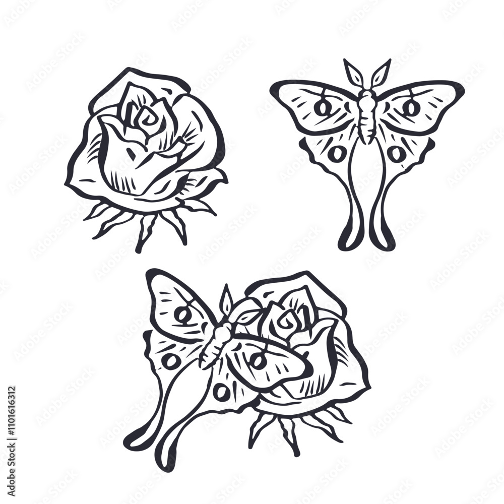 Hand drawn rose flower and luna moth black outline set isolated on ...