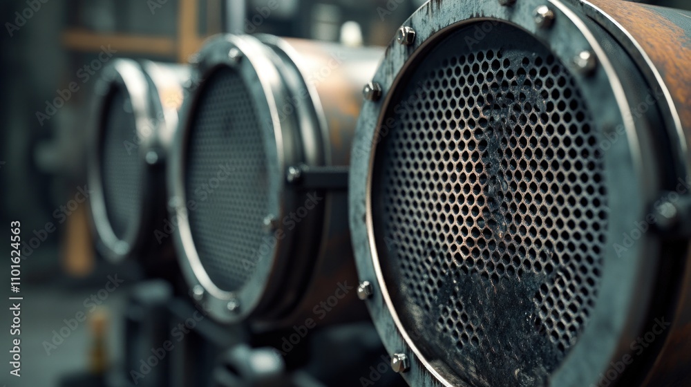 A three-way catalyst displayed in a mechanic's workshop, with detailed ...