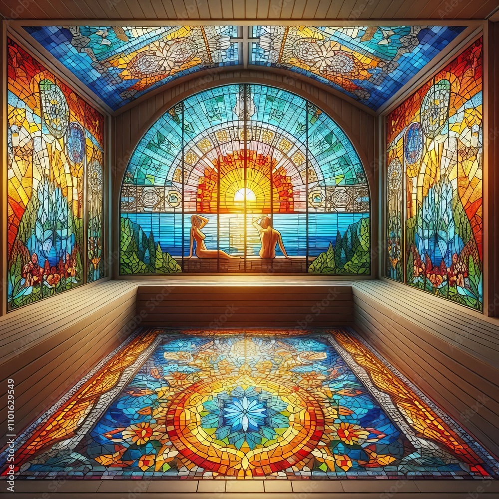 Stained Glass Sauna Render the sauna scene as a stained glass wi Stock ...