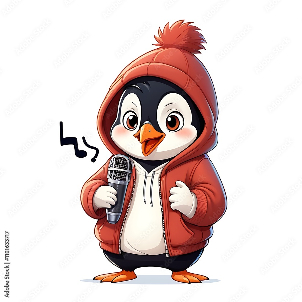 Cartoon penguin wearing a hoodie and beatboxing on a white background ...