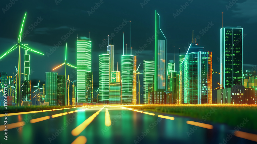vibrant green city with futuristic skyscrapers and renewable energy ...