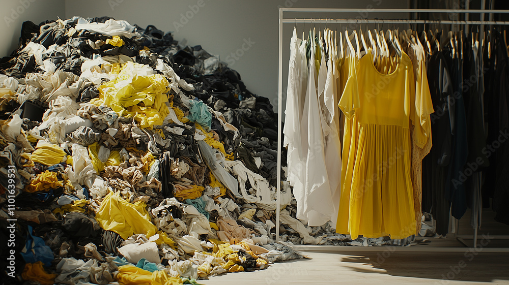 visual contrast of overflowing fast fashion waste and organized ...
