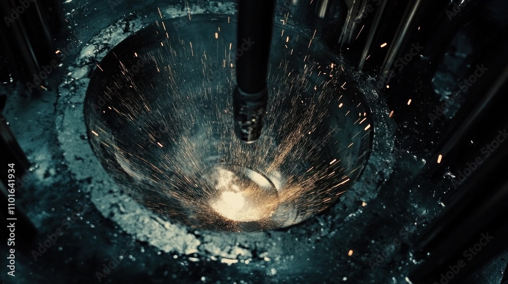 Grinding machine in full operation, creating sparks and cooling the ...