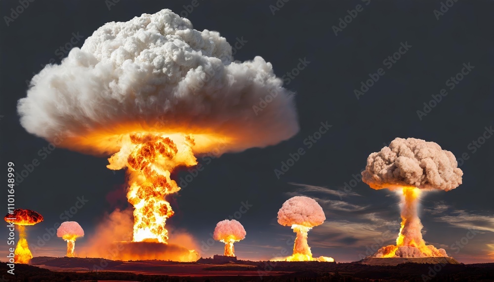 Dynamic set of nuclear explosions with vivid mushroom clouds ...