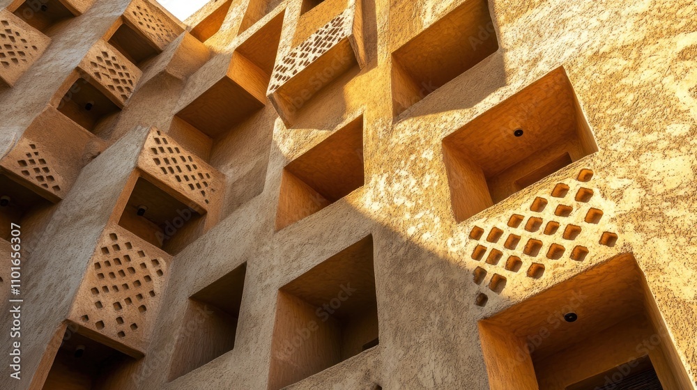 The intricate mud-brick facades of Diriyah in Riyadh, with sunlight ...