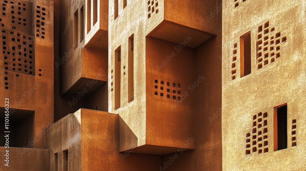 The intricate mud-brick facades of Diriyah in Riyadh, with sunlight ...