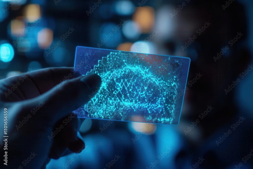 Forensic expert examining a falsified ID card, holographic details ...