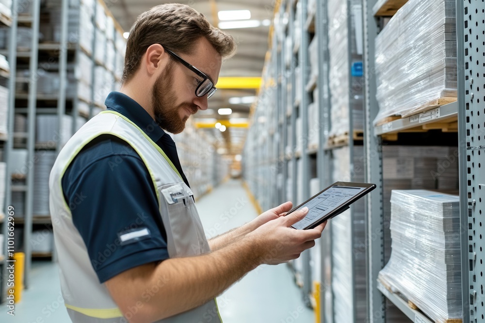 Employee using a tablet to cross-check inventory against digital ...