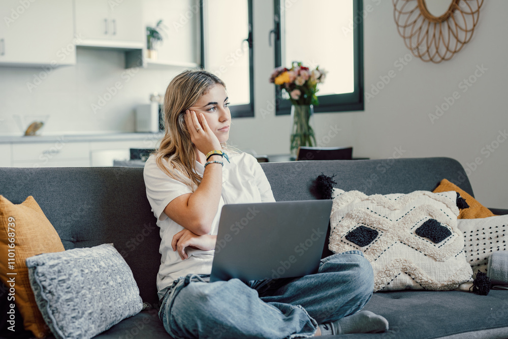 Stock-Foto „One caucasian unhappy girl looking outside sitting on sofa ...