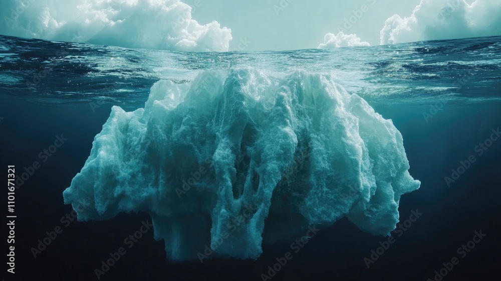 Iceberg partially submerged in transparent water, exposing hidden ...