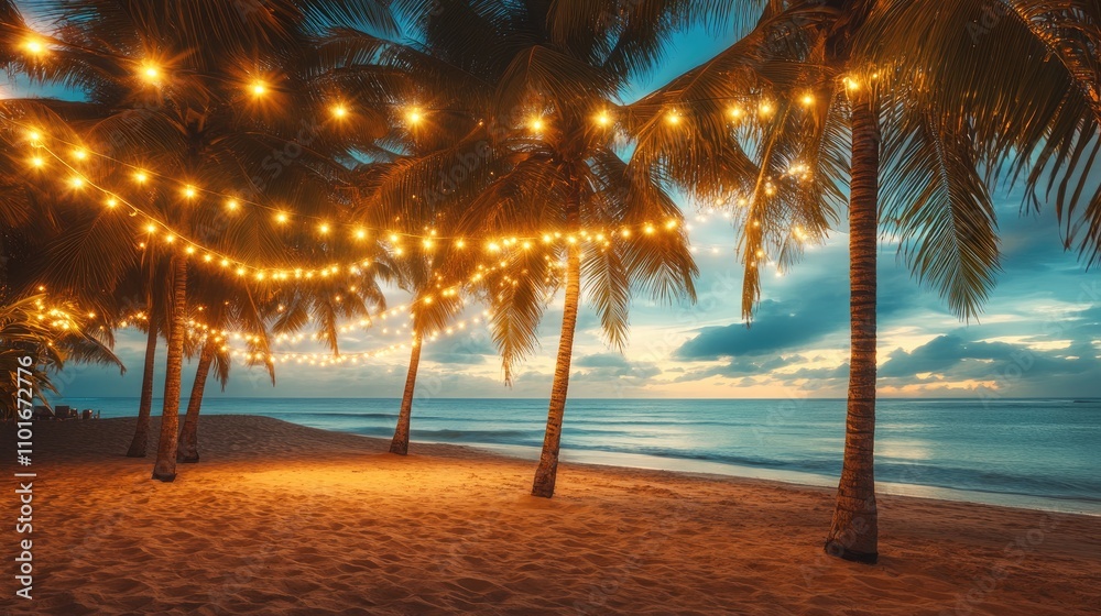 Beach party background, tropical decorations, palm trees with lights ...