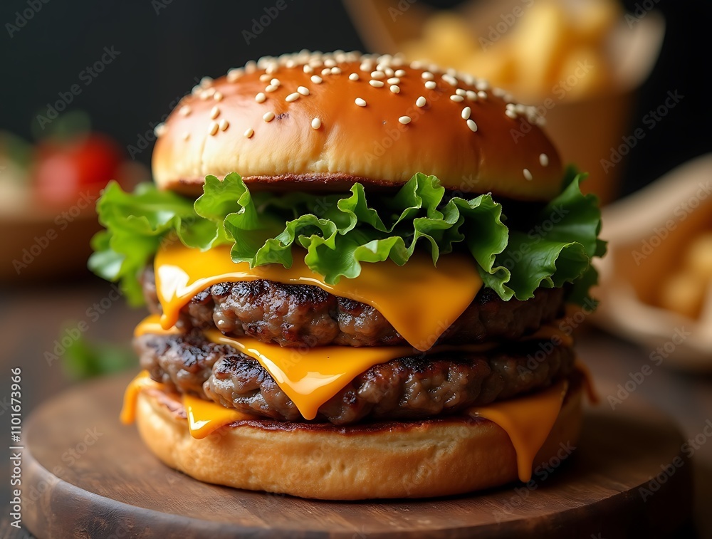 Side view double cheeseburger with grilled beef patties cheese and ...