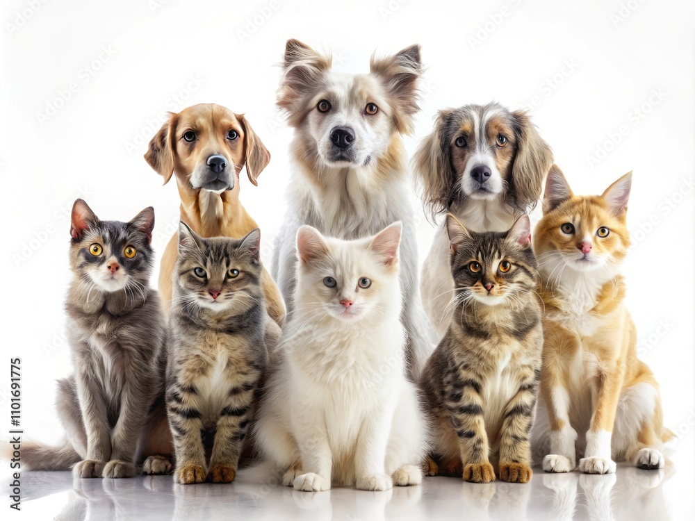 Adorable Small Group of Pets - Cats and Dogs Sitting in a Row, Looking ...