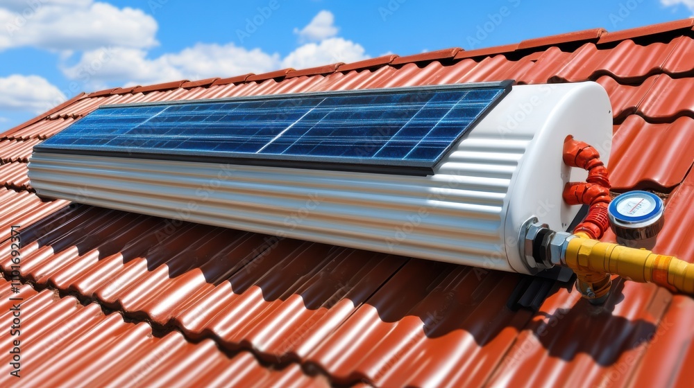 Solar Water Heater Installed on a Roof with a Bright Blue Sky in the Background, Showcasing ...