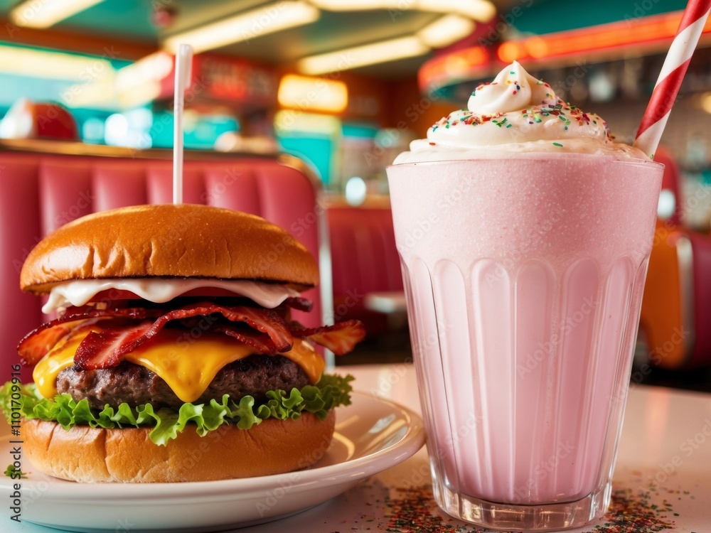 Retro fast food delight vibrant burger and milkshake experience in a ...