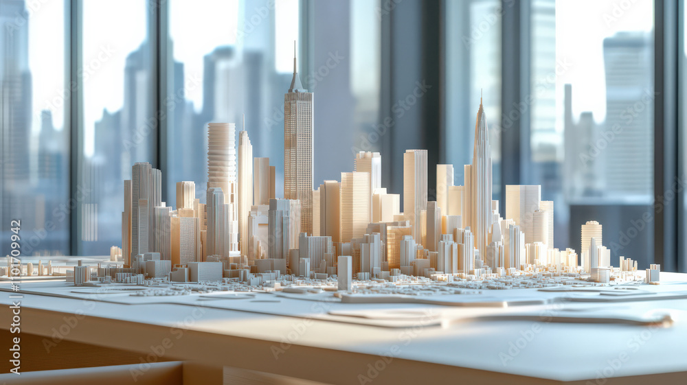 Urban planning tools on a sleek drafting table, surrounded by 3D ...