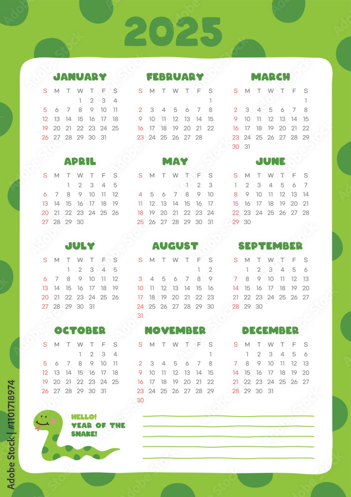 2025 yearly calendar illustration with a cute snake character on a dot ...