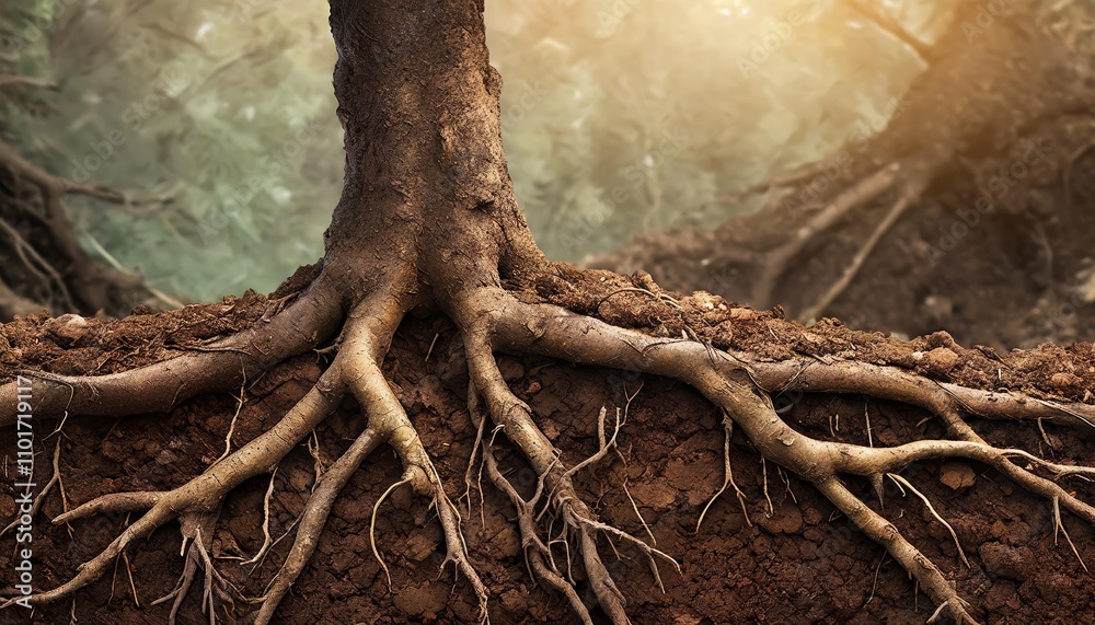 Detailed Illustration of Tree Roots in Soil Close-Up, Depicting Complex ...