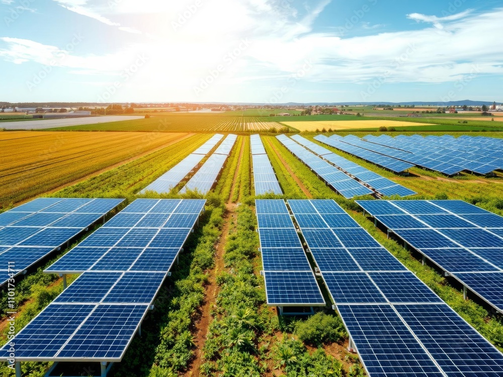 Hyper realistic photo of agrivoltaics with solar panels integrated into ...