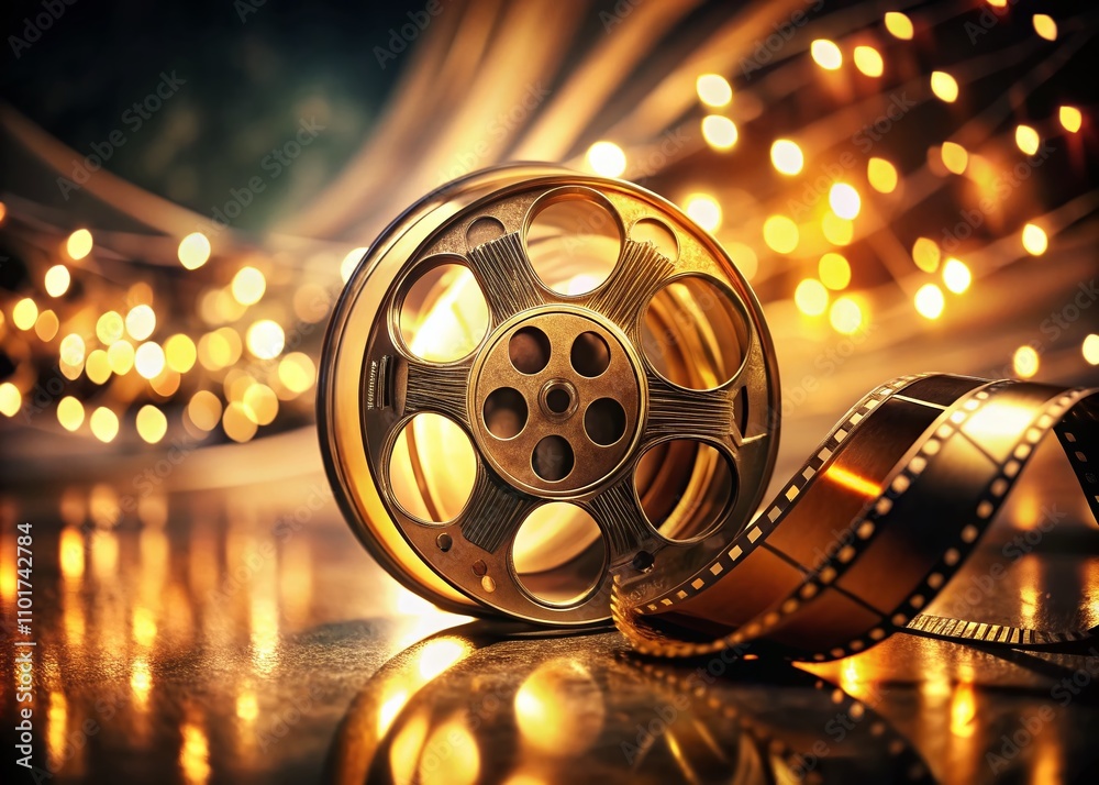 Golden Film Reel on Vintage Filmstrip with Cinematic Lighting, Evoking ...