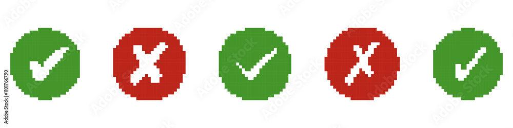 Pixelated Green Check Marks and Red X Symbols in Circles for Retro UI Design. Success and Error ...