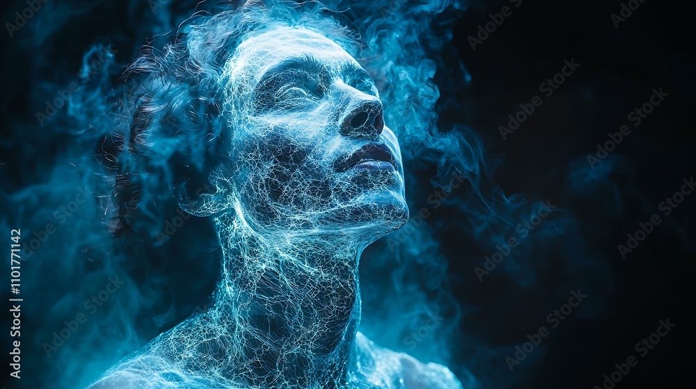 An artist presenting a glowing hologram model to an audience, realistic ...