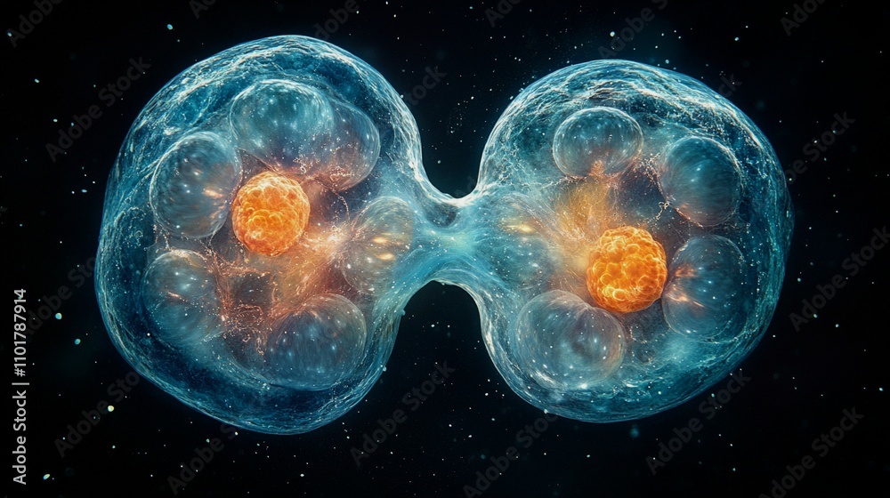 The process of mitosis in a human cell, dividing into two identical ...