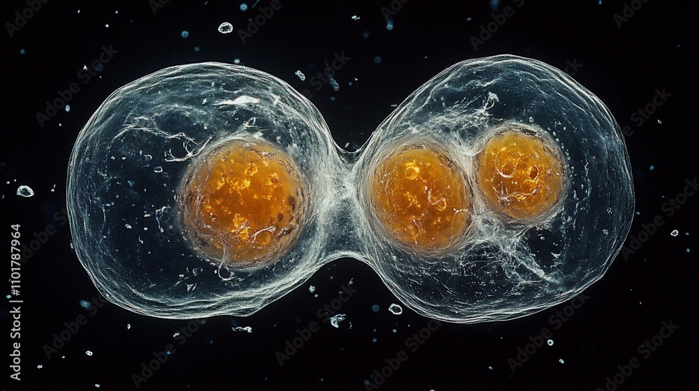 The process of mitosis in a human cell, dividing into two identical ...