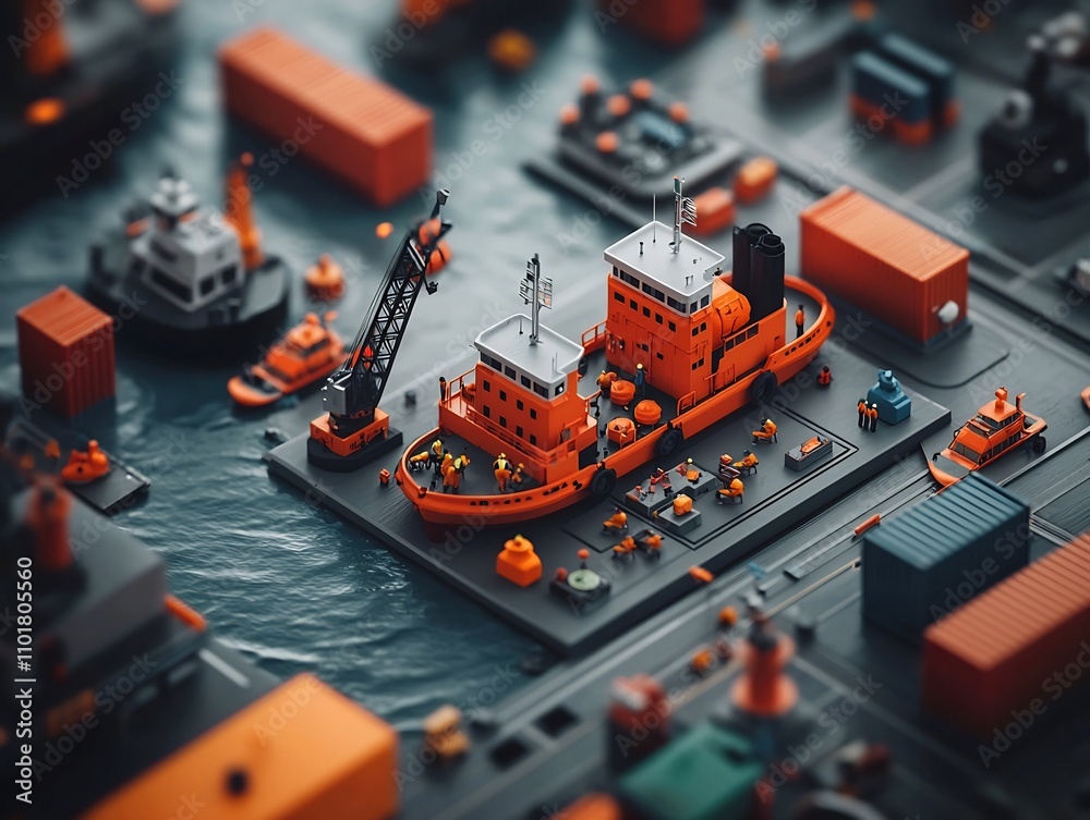Detailed miniature scale model scene depicting offshore logistics ...