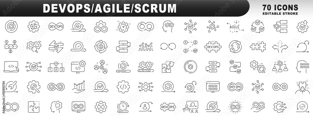 Devops, agile, scrum line icons big set. Plan, process, steps etc ...