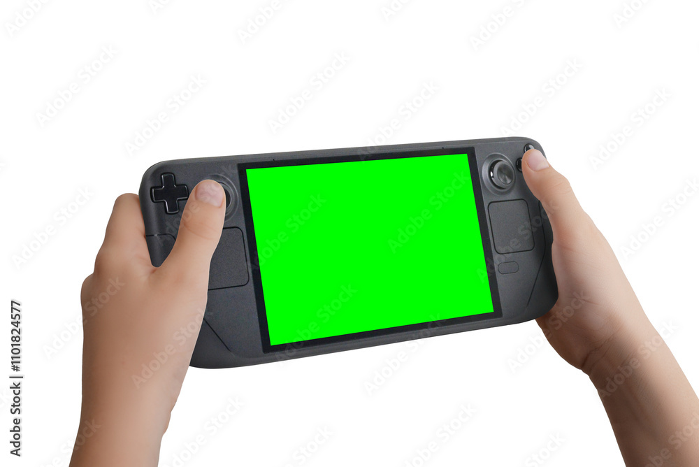 Child holding a handheld gaming console with isolated screen in chroma ...