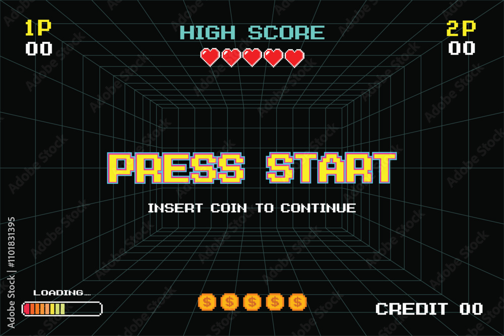 PRESS START. INSERT A COIN TO CONTINUE. pixel art. Retro Futurism Sci ...