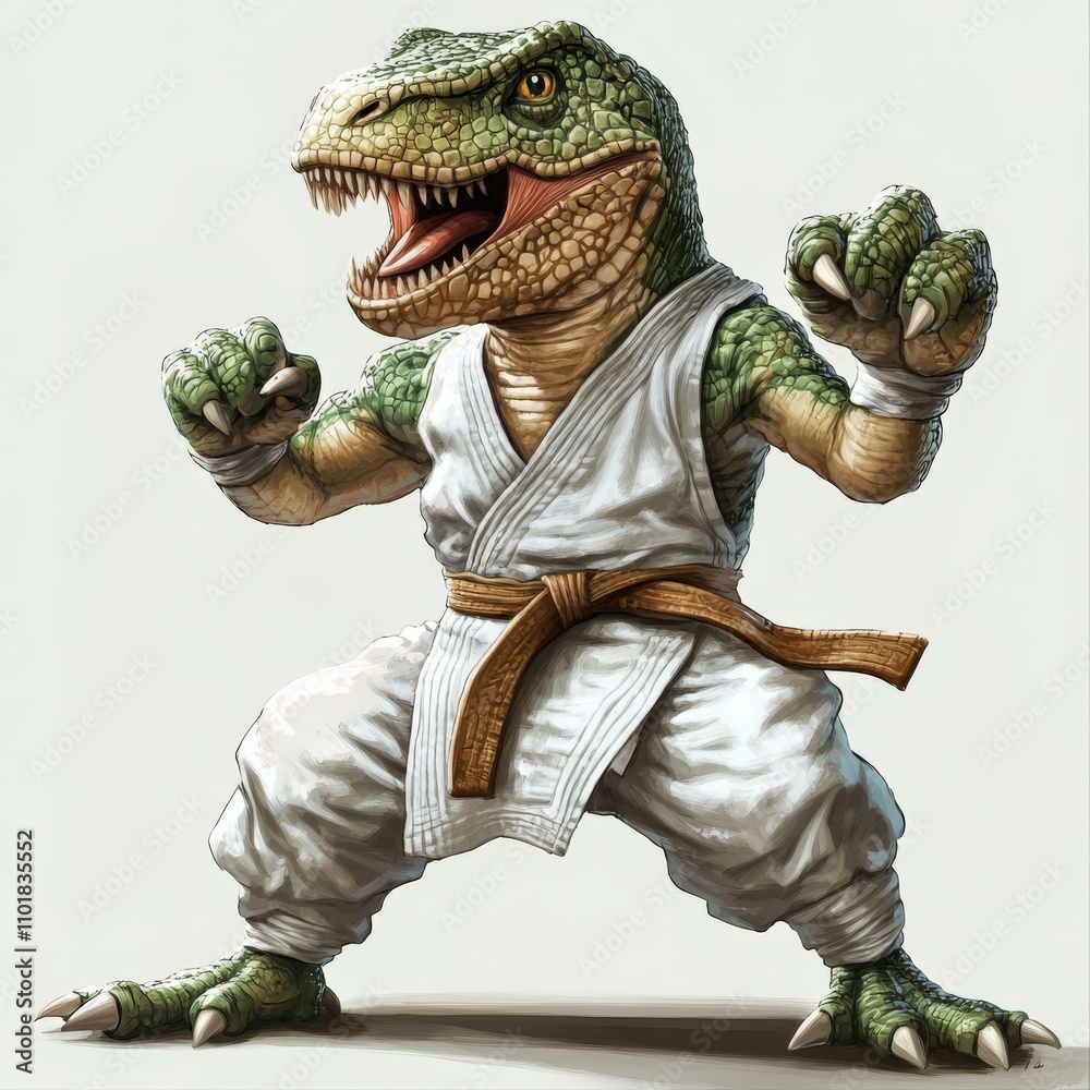Cartoon Karate. Cheerful Cartoon Character T-Rex Practicing Karate ...