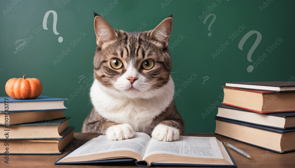 A confused cat student, at the desk, surrounded by books, in front of a ...