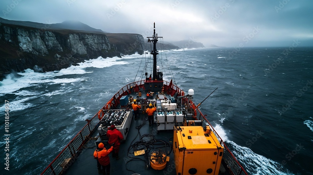 Researchers aboard a research vessel conducting marine studies and data ...