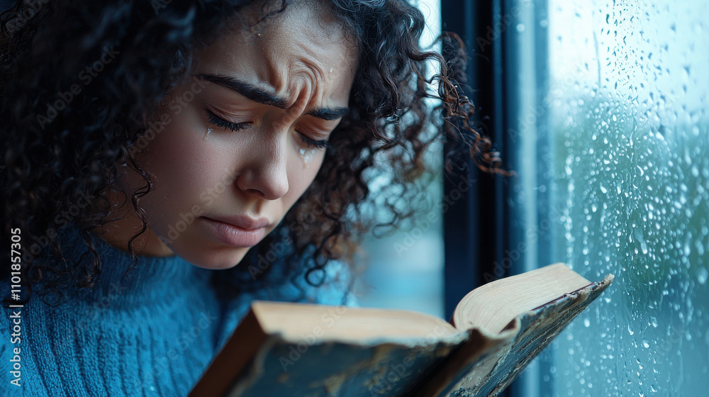sad woman with curly hair reading old book by window, tears streaming ...