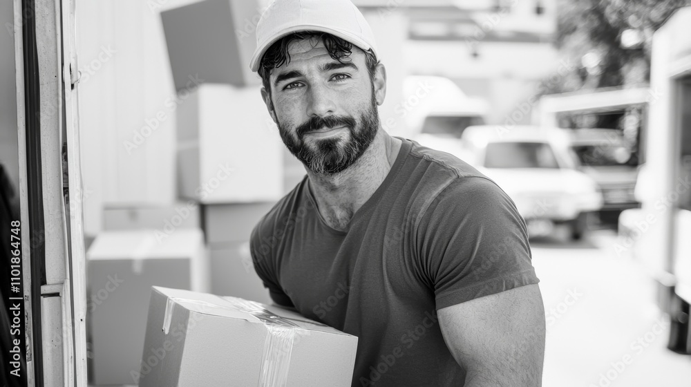 Strong Mover Man Loading Cardboard Boxes Delivery Service Relocation ...