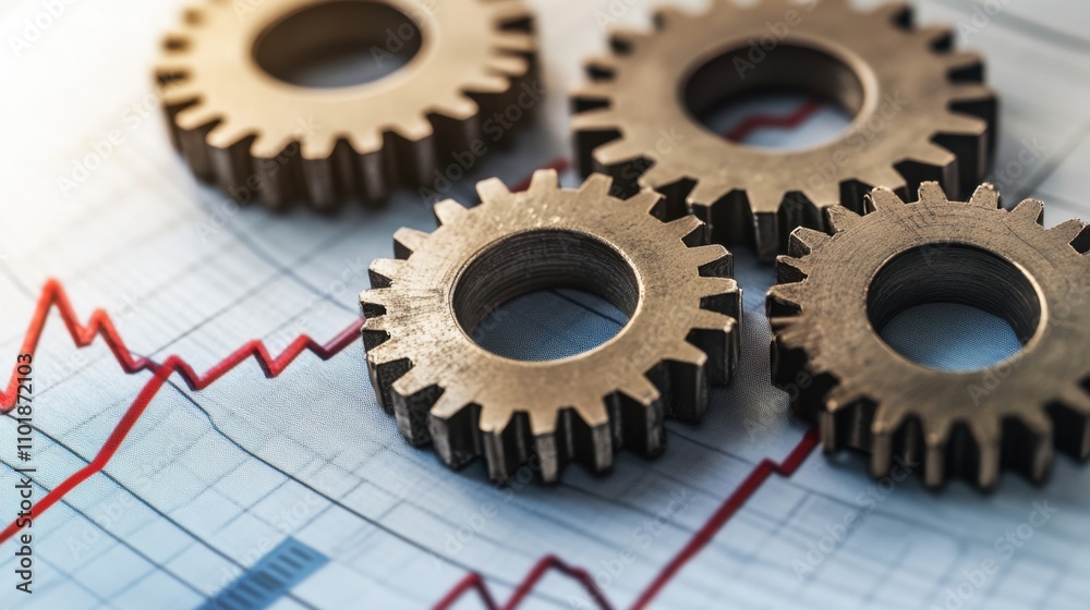 Interlocking gears with a downward trend graph in the background ...
