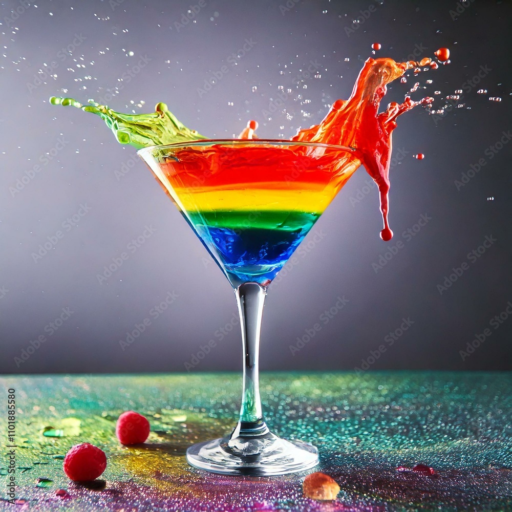 Rainbow colored fruit cocktail with vodka, blue caracao and different ...