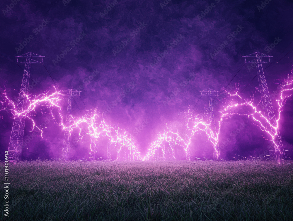 dramatic scene of purple lightning striking between power lines ...