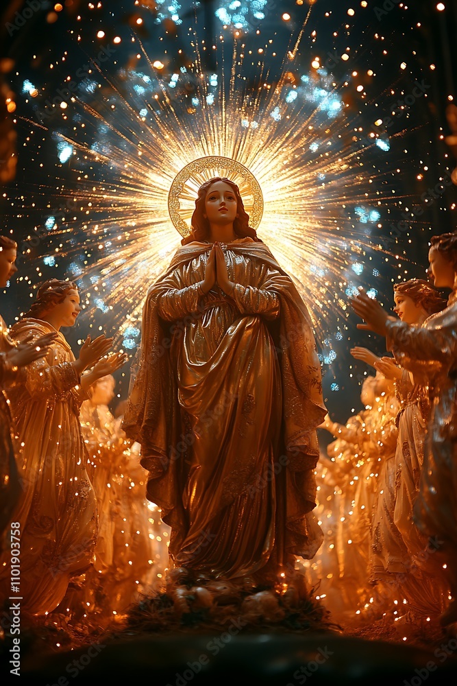 Celestial Virgin Mary: A radiant statue of the Virgin Mary, bathed in ...