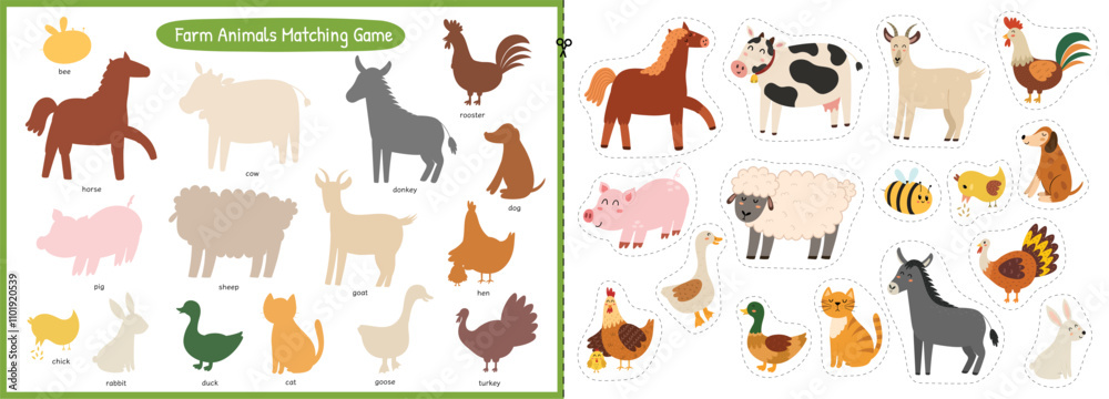 Cut and glue game with cute farm animals. Educational activity page for ...