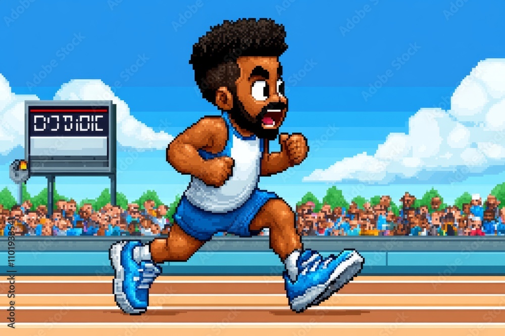 A pixel art athlete running on a retro-style track, surrounded by ...