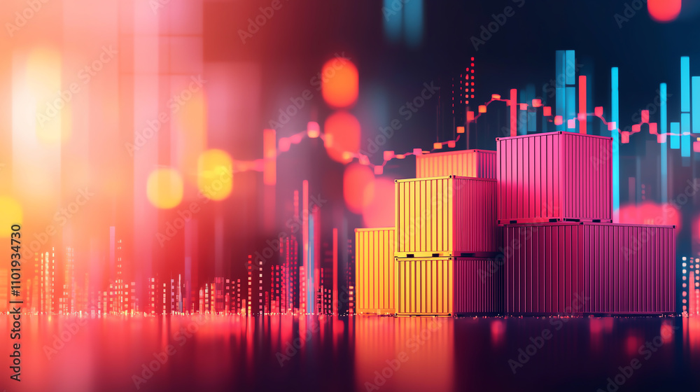 Colorful shipping containers stacked against backdrop of financial ...