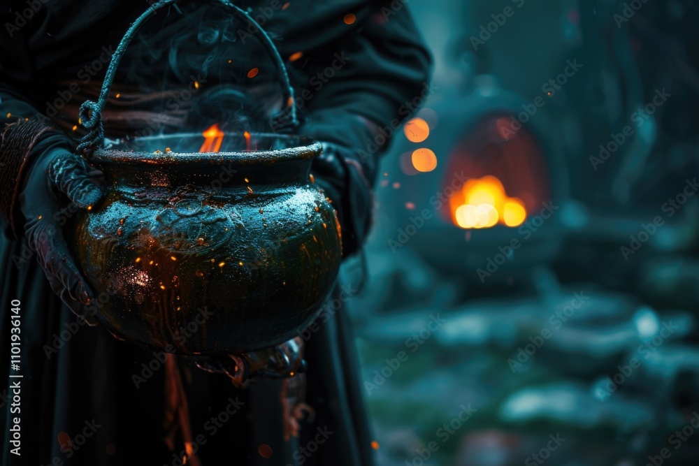 Person stirring potion over open flame, potential use for fantasy or ...