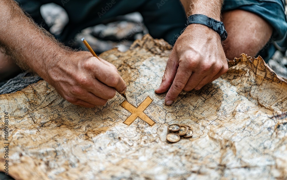 Pirates marking an X on a treasure map, preparing for their journey ...