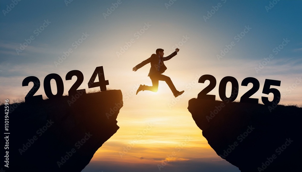 Happy new year 2025,Silhouette BusinessMan jumping from 2024 cliff to ...