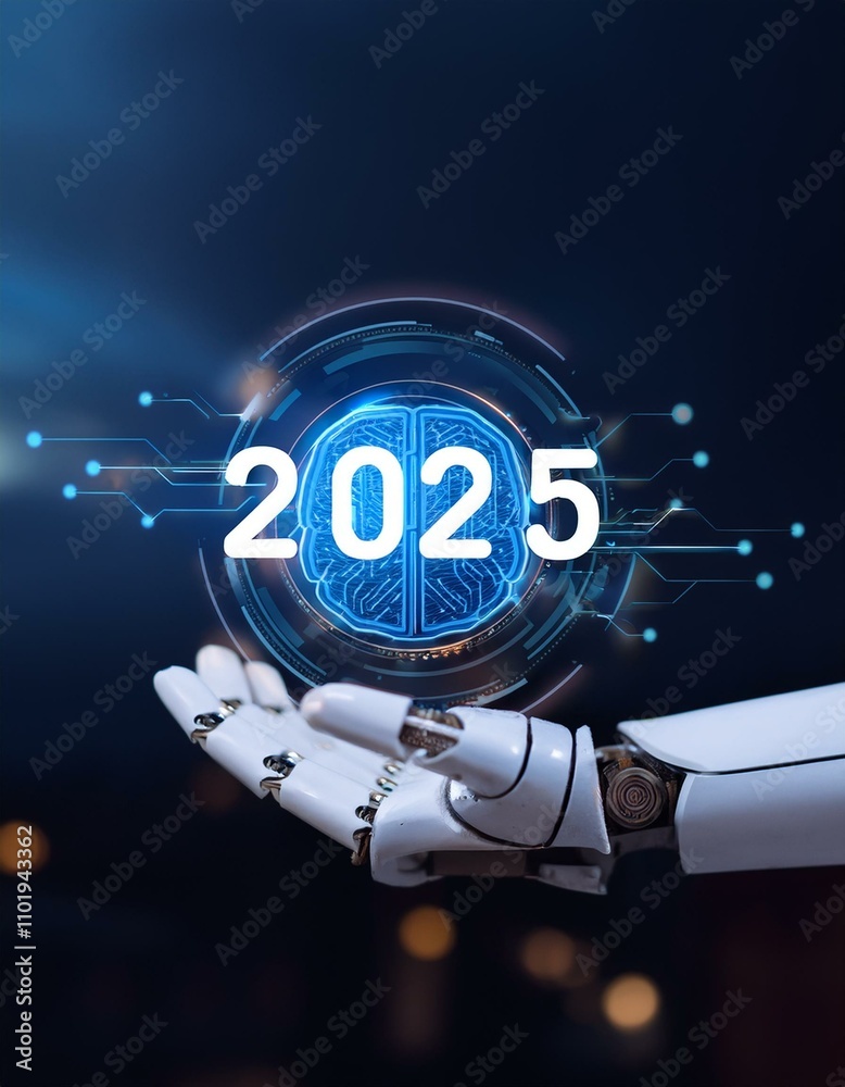 Robotics hand holding or showing on the year 2025 to welcome new ...
