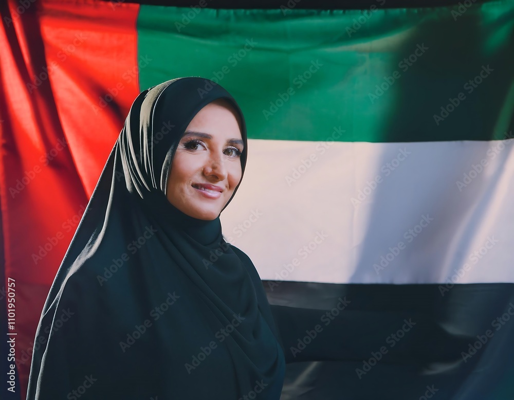 Arab middle eastern woman in hijab celebrating UAE National day ...